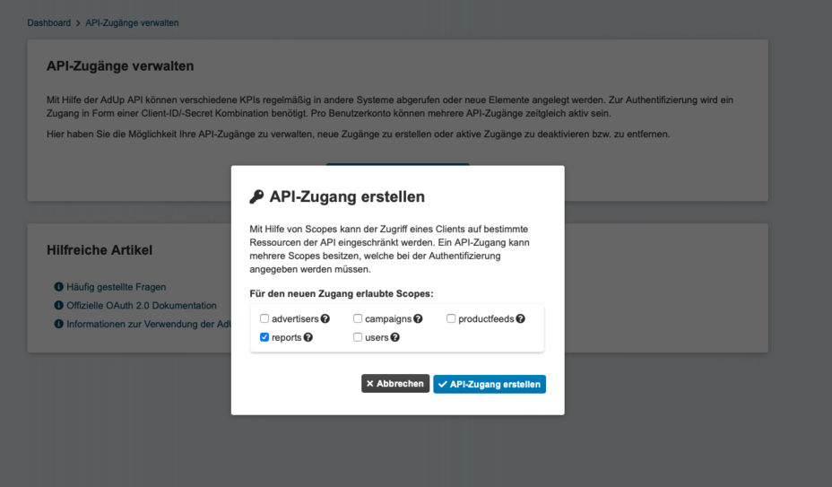 Zugang AdUp API - AdUp Technology
